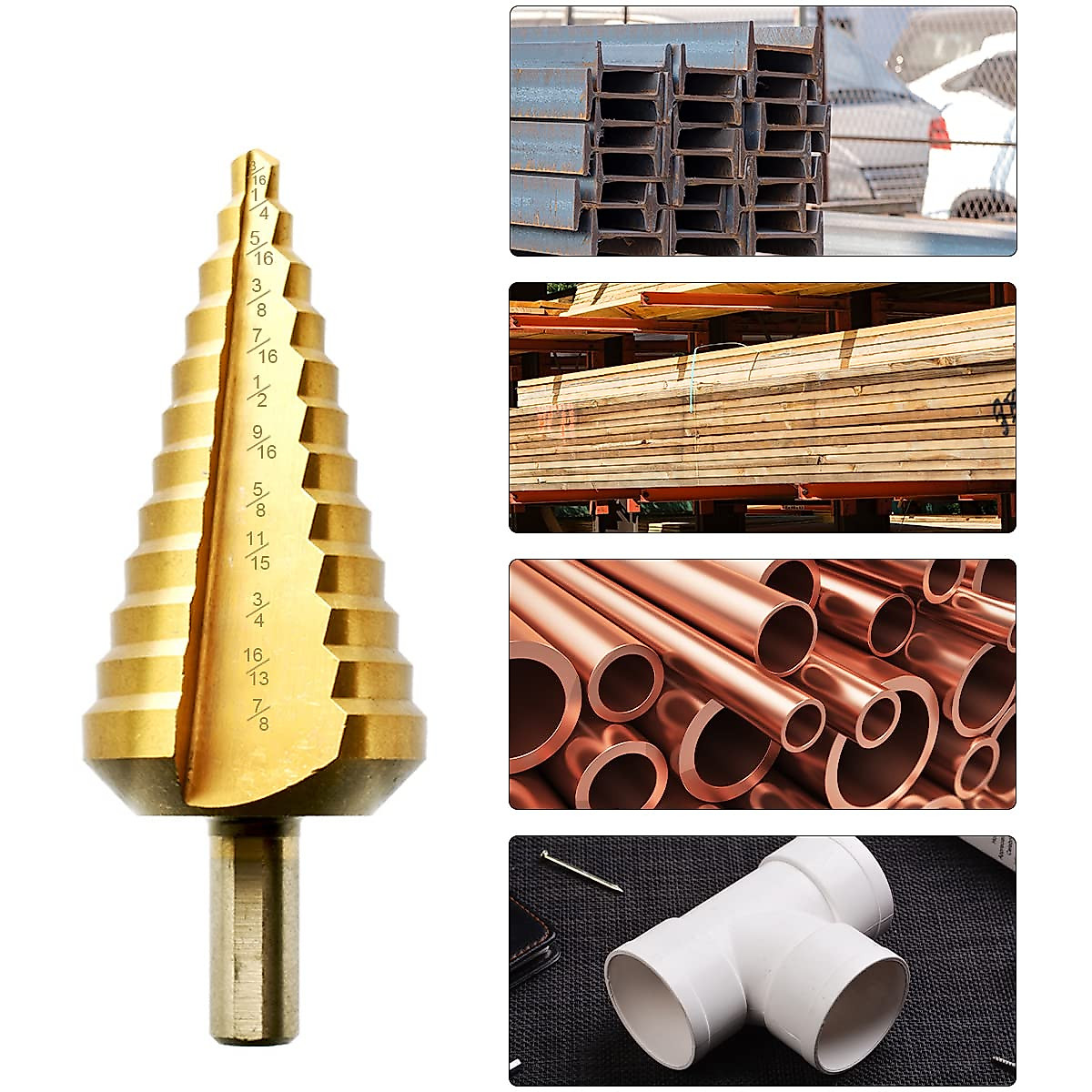 YENJO 6 Pcs HSS Step Drill Bits Set & Automatic Center Punch, Titanium-Plated High Speed Steel Drill Bits Set with Aluminum Case, Multiple Hole Stepped Up Bits Kit for Plastic, Wood, Metal