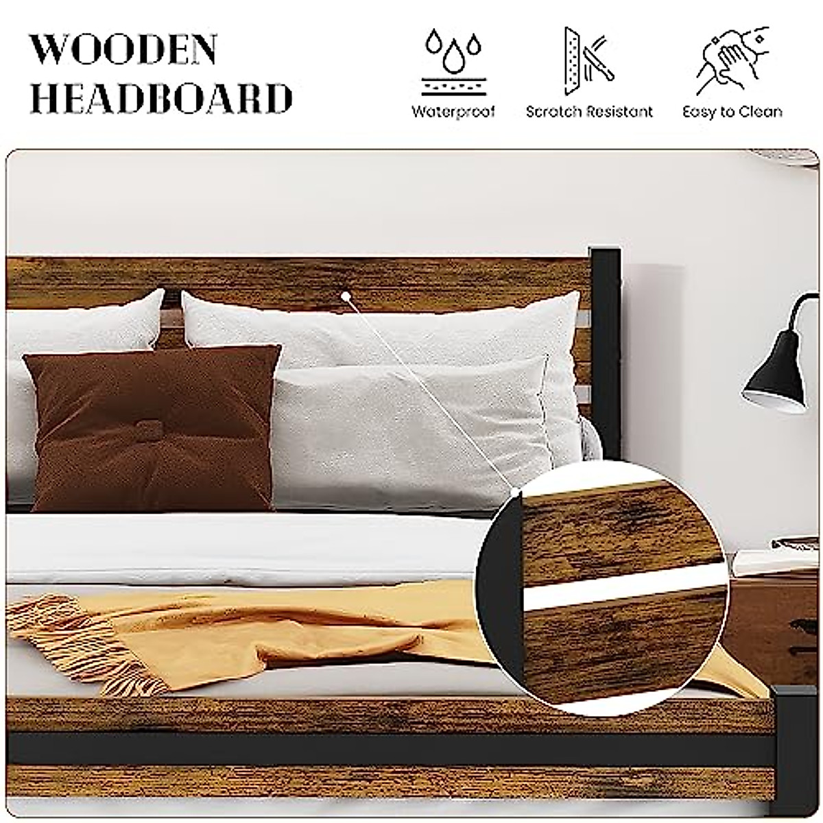 AWQM 14 Inch Full Bed Frame, Metal Platform Full Size Bed Frame with Wood Headboard and Footboard, No Noise, No Box Spring Needed, Bed Central with Extra Metal Support, More Sturdy, Rustic Brown+Black