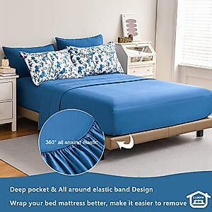 LLDSYW King Size Comforter Set - 7 Pieces Bed in a Bag Soft Microfiber Bedding Comforter Set Leaves Floral Pattern on White Comforter Sets with Sheets for All Seasons (King, Blue)