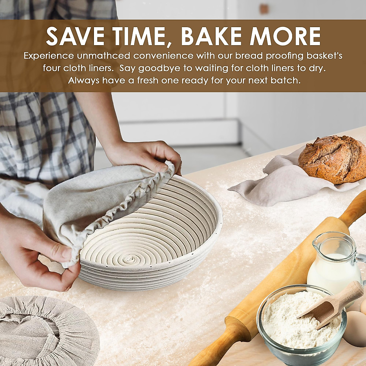 Premium Bread Banneton Proofing Basket Set of 2, 10 inch Round & Oval Cane Bread Proofing Baskets with 4 set cloth Sourdough Baskets Tools & Liners for Artisan Bread Making, Baking Supplies Kit