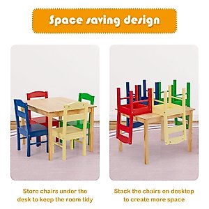 KOTEK Kids Wood Table and 4 Chair Set, Children Multi Activity Table for Learning, Playing, Drawing, Toddler Picnic Table and Chairs Set for Home, Classroom and Daycare (Assorted)