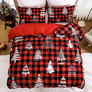 Dobuyly Christmas Duvet Cover Queen Size, Red Plaid Christmas Tree Printed Duvet Cover Set, Soft Microfiber Buffalo Check Christmas Bedding Set 3 Piece