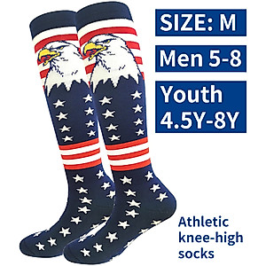 BUENWAZ Men's American Flag Baseball Socks, Athletic Knee High Football Sock, Patriotic Over the Calf Socks (1 Pack, Eagle, Size 8-12)
