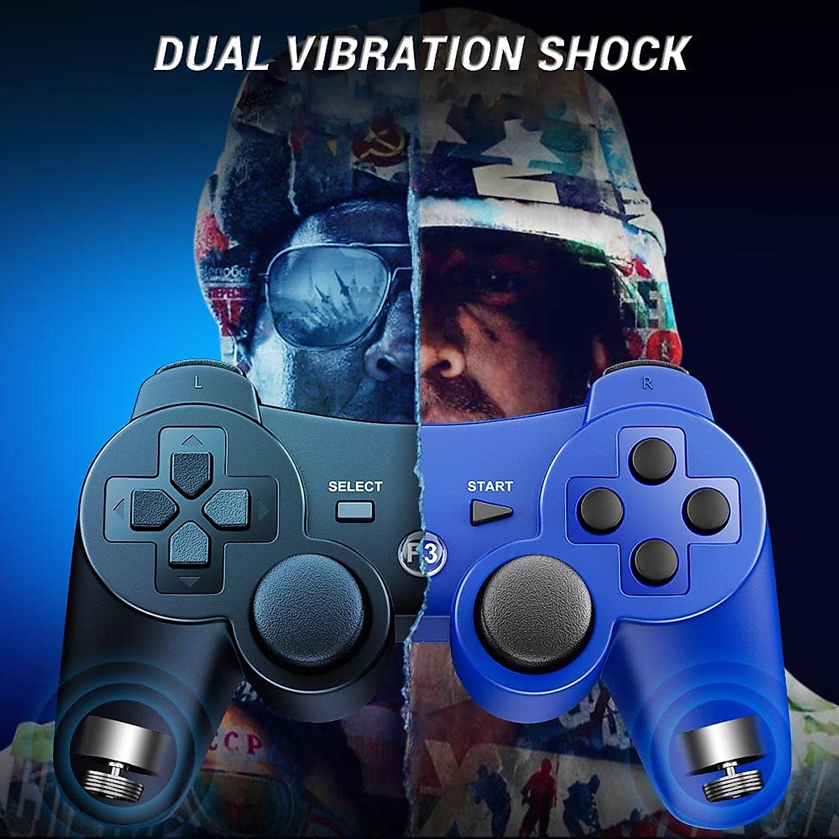 OKHAHA Controller 2 Pack for PS3 Wireless Controller for Sony Playstation 3, Double Shock 3, Bluetooth, Rechargeable, Motion Sensor, Remote for PS3 (No Stripes(Black + Blue))