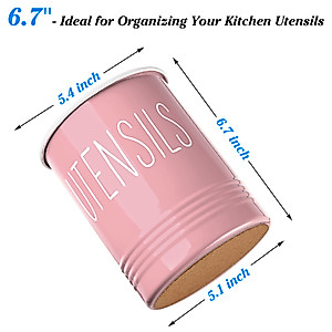 Bivvclaz Kitchen Utensil Holder - 6.7" Utensil Holder for Kitchen Counter - Cooking Utensil Crock with Cork Bottom - Pink Kitchen Decor and Accessories - Utensil Storage Caddy Organizer