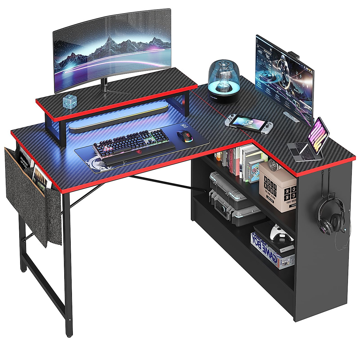 Bestier L Shaped Gaming Desk with Storage Shelves, 42 Inch Reversible Corner Computer Desk with LED Lights, PC Gaming Table with Side Storage Bag & Monitor Stand for Bedroom