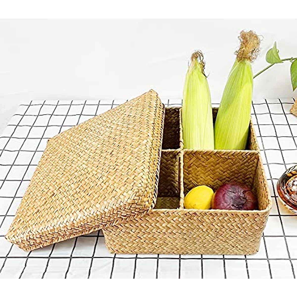 Rectangular Woven Seagrass Storage Basket and Home Organizer Bins,Natural Water Hyacinth Basket (brown, square with lid)