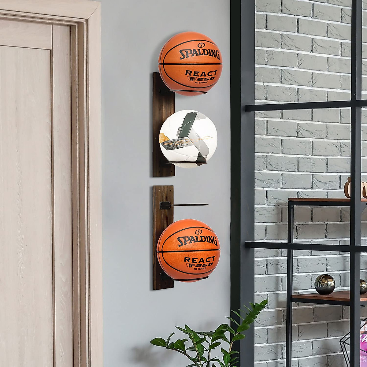 MyGift 4-Ball Rustic Burnt Wood and Round Black Metal Wall Mounted 2-Tier Multi Sports Ball Holder Display Rack for Basketballs, Soccer Balls, Volleyballs, Medicine Balls, Set of 2