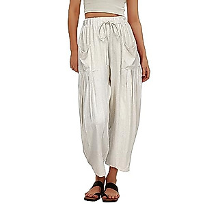 Beaully Women Linen Pants Palazzo Lounge Harem Wide Leg Pants Beach Long Trousers with Pockets 6094 Beige X-Large