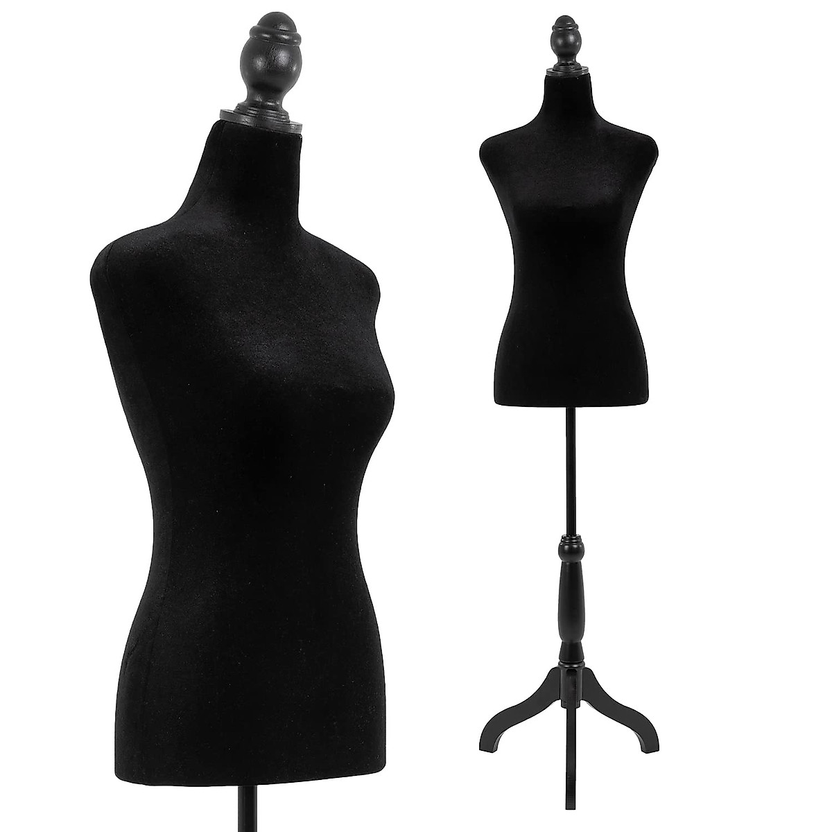 Manequin Body Female,Dress Form 49.6-63.4 Inch Height Adjustable,Mannequin Torso with Wooden Tripod Stand,High Density Foam Portable Display Mannequin for Sewing, Dressmaker, Clothing Display, Black