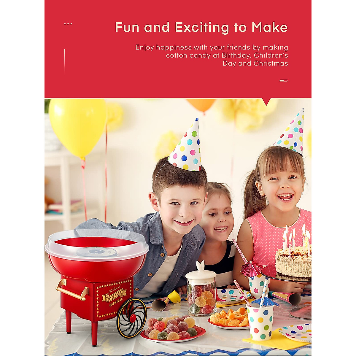 FOHERE Cotton Candy Machine for Kids, Nostalgia Cotton Candy Maker Include Sugar Scoop and 10 Cones, Homemade Sweets for Birthday Parties, Children's Day, Christmas Day and Wedding