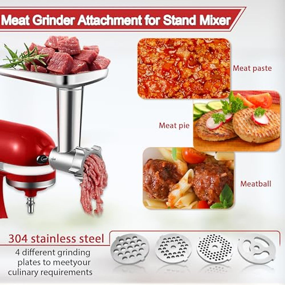Meat Grinder Attachment Replacement for Kitchenaid Stand Mixers Meat Grinder, Meat Grinder Attachment For Grinder Attachment, Meat Grinder&Slicer Attachment with3 Sausage Tubes