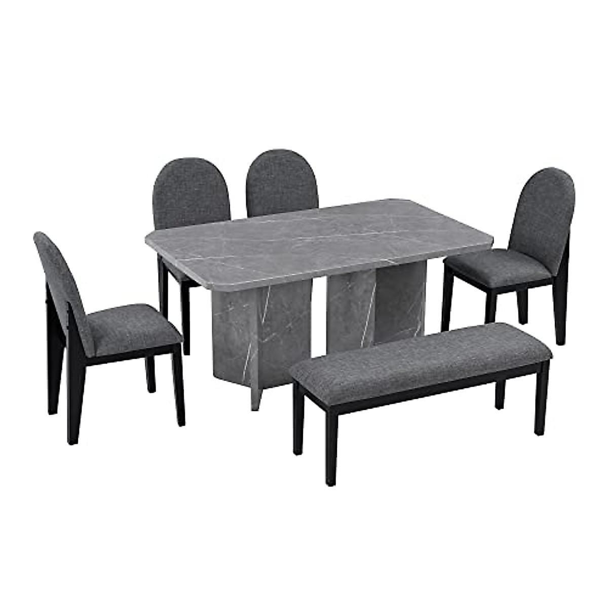 Lifeand 6-Piece Modern Style Set with Faux Marble Table and 4 Upholstered Dining Chairs & 1 Bench,Gray, Grey