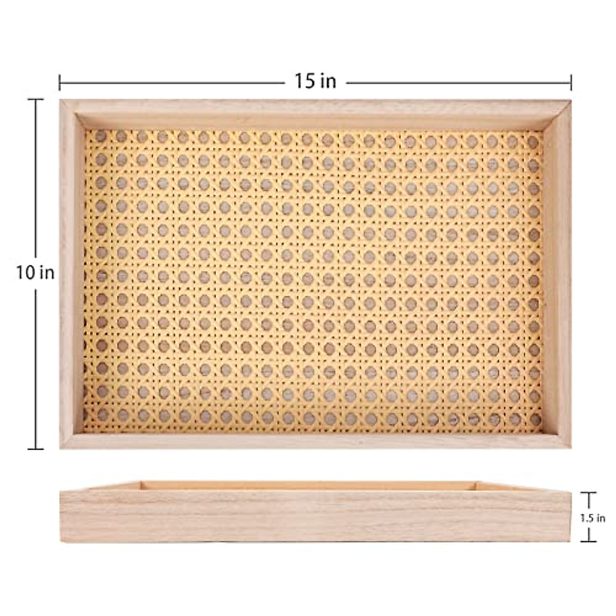 15 x 10 in Rectangle Decorative Tray with Imitated Rattan Handmade, Ottoman Tray, Boho Serving Tray, Basket Serving Tray with Wooden Frame for Coffee, Breakfast, Food, Drink
