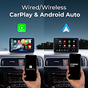 AutoSky 7" Portable Infotainment Display - Wired and Wireless CarPlay Screen, Touch Screen Car Play and Android Auto, Car Stereo, Bluetooth, Navigation Screen, FM Transmitter, Dashboard Mounted