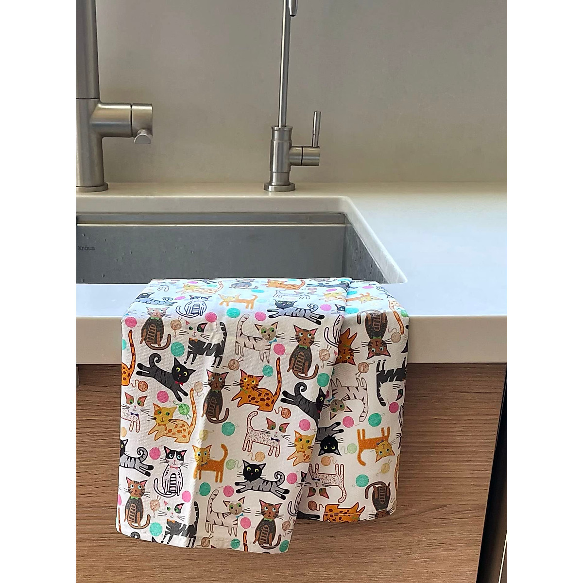 Sunshine Vibes Cat Tea Towels Set of 2 100% Cotton cat Lover Pattern with Hanging Loop; to Tackle All of Your Drying, Wiping and Cleaning Kitchen tasks for cat Lover!