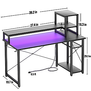 Besiost Gaming Desk with Lights & Power Outlets, 39.4' Computer Desk with Shelves, Small Desk for Small Space, Writing Desk with Monitor Stand, Black