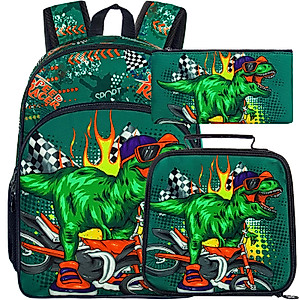 UFNDC 3PCS Dinosaur Backpack for Boys, Kids Preschool Bookbag with Lunch Box, 16”School Bag for Elementary Toddler