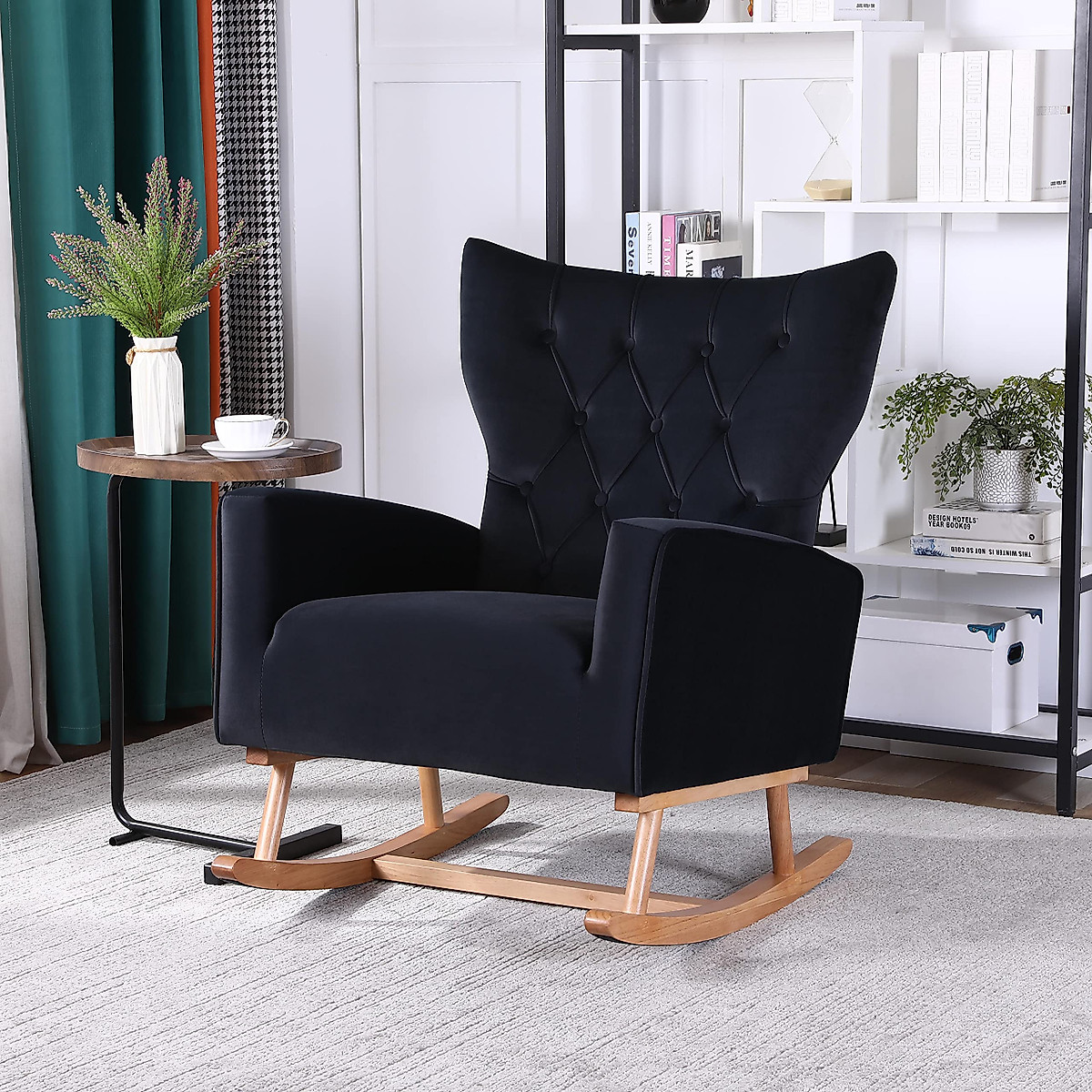 HHOK Rocking Chair, Mid Century Modern Velvet Tufted Upholstered Rocker Armchair Padded Seat with Solid Wood Base, Accent Chair with High Backrest and Armrests for Living Room Bedroom Balcony