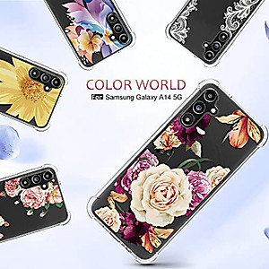 Samsung Galaxy A14 5G Floral Case for Girls & Women with 2pcs Screen Protector - TPU Rubber Shock-Absorption Cover (Purple Flower)