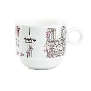 Grace Teaware Stackable Coffee Tea Mug 10-Ounce Set of 4 with White Metal Stand (Paris Eiffel Tower Pink Gold)