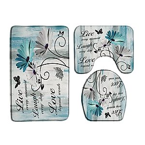 Farmhouse Floral 3 Piece Bath Rugs Set,Teal Daisy Inspirational Quotes Butterfly Rustic Wooden Turquoise Blue Bathroom Kitchen Rug with 16"x24" Bath Mat + U-Shaped Toilet Rug+ Toilet Seat Cover