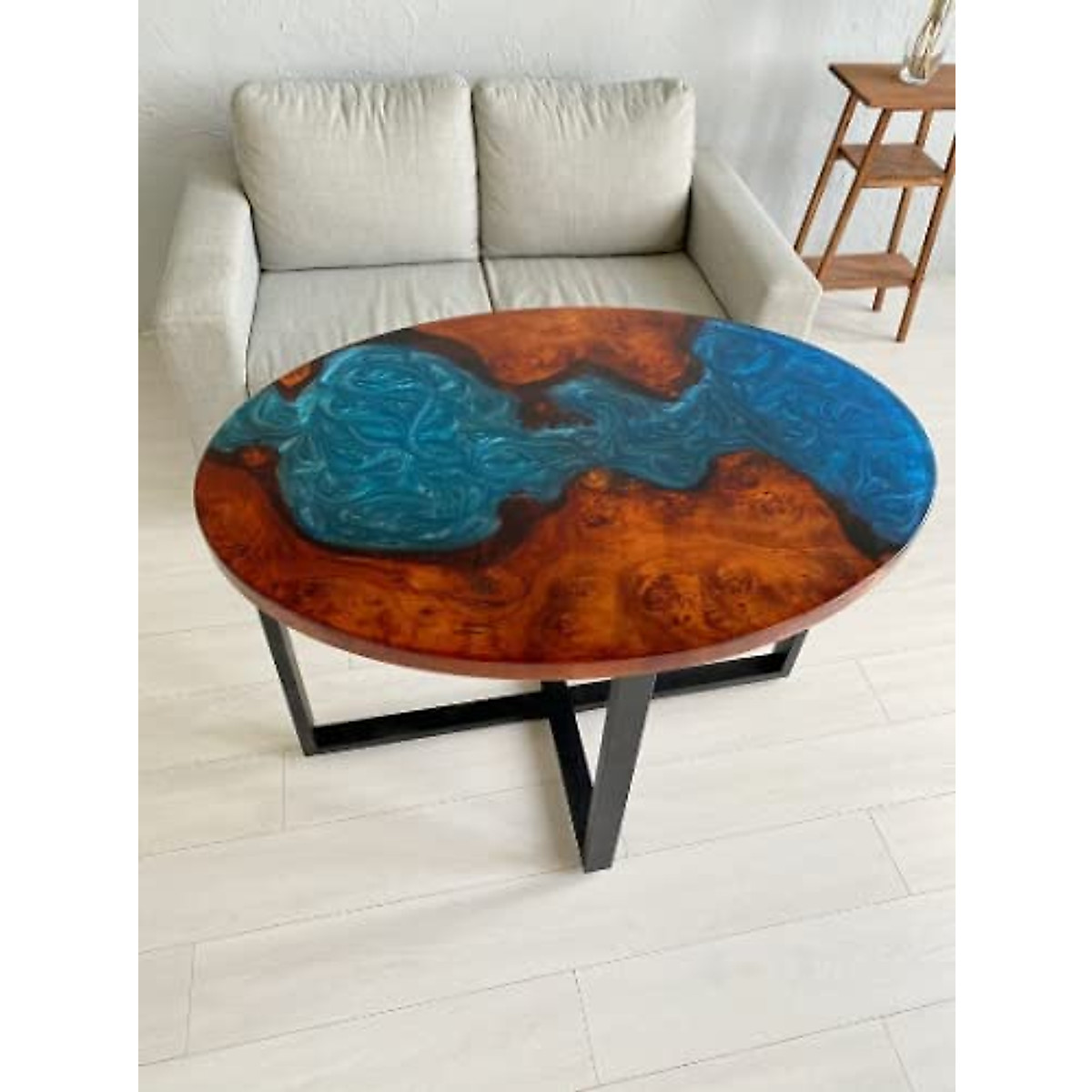 Oval Shape Epoxy Coffee Table with Blue Resin River, Custom Round Acacia Wood Side Circle, Wide Blue Resin River, Blue River Epoxy Table (18X18)