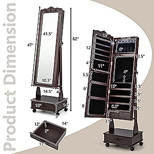 COSTWAY 6 LEDs Mirror Jewelry Cabinet with Wheels, Lockable Jewelry Storage Organizer w/Full-Length Mirror and 3 Adjustable Angles, Floor Standing Jewelry Armoire for Living Room Bedroom (Brown)