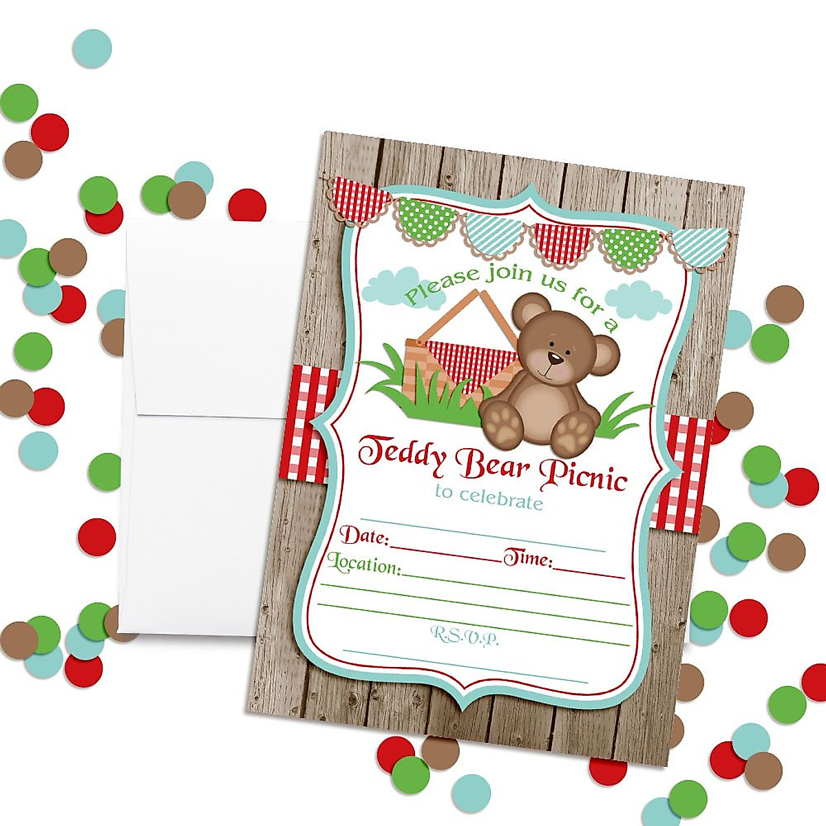 Teddy Bear Picnic Birthday Party Invitations, 20 5x7 Fill In Cards with Twenty White Envelopes by AmandaCreation