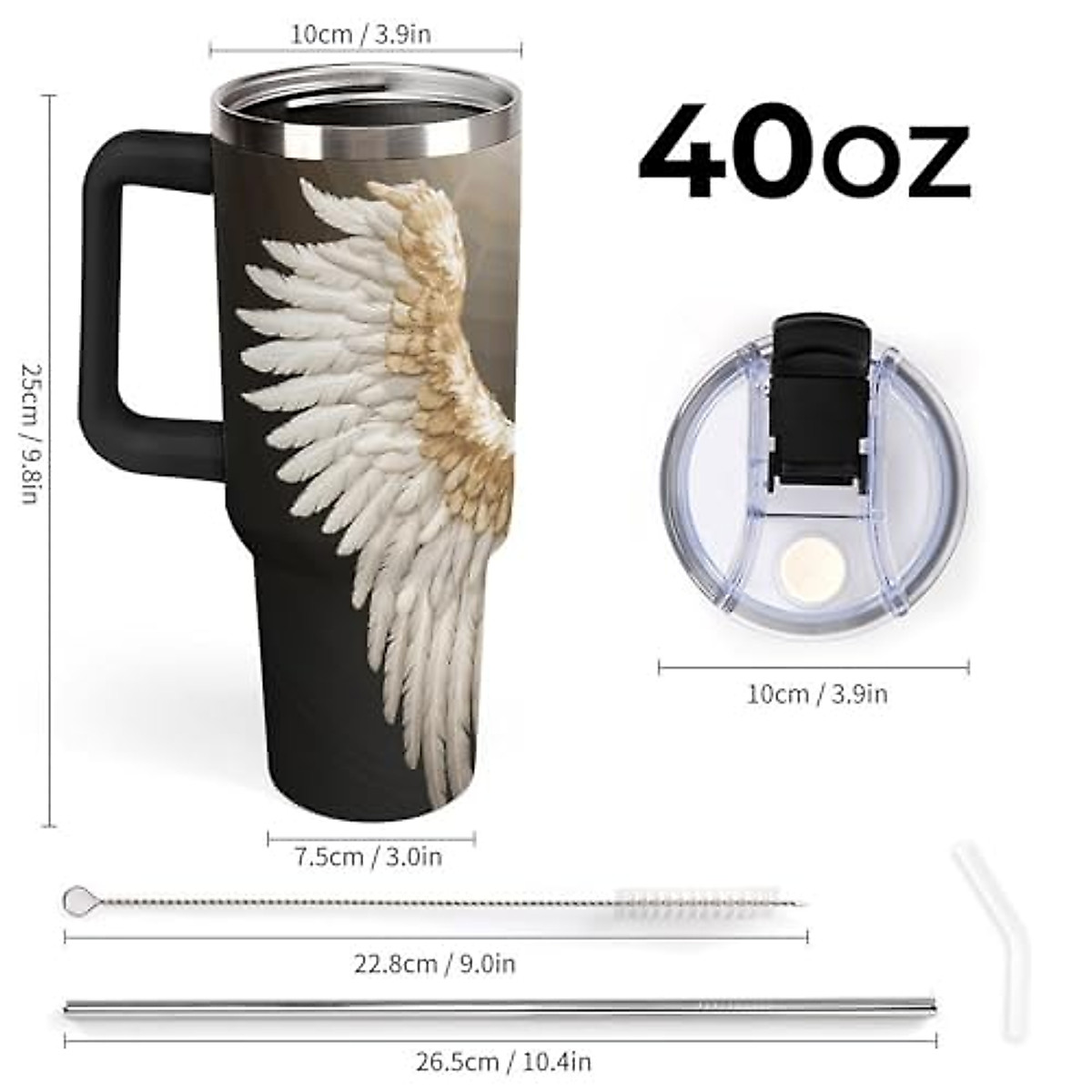 NVBSKKDH Angel Wing 40 Oz Stainless Steel Tumbler with Handle & Straw Double-Walled Vacuum Insulated Travel Mug for Hot/Cold Drinks, Reusable Thermal Cup for Car Cup Holder