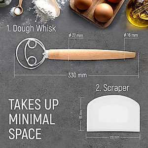 13 Inch Danish Dough Whisk with Dough Scraper, Dutch Bread Whisk with Stainless Steel Dough Hook, Sourdough Whisk for Baking, Danish Whisk for Dough, Dutch Whisk for Dough, Bread Whisking Tool