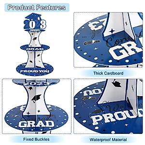 2023 Graduation Cupcake Stand Set - Blue 3-Tier Round Cardboard Cupcake Stand with 24 Pcs Graduation Cupcake Toppers for Graduation Party Supplies