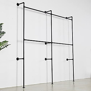 ZGZR Modern Simple Industrial Pipe Double Hanging Rods Clothing Rack, Display Stand Shelves Wall Mounted Garment Rack,Heavy Duty Detachable Garment Bar, 89.8in Black