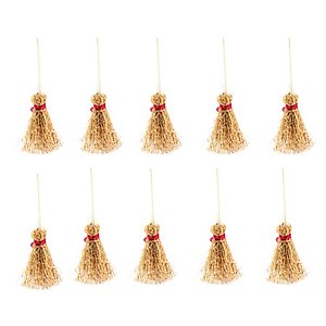 HEALLILY Mini Broom Straw Craft Decoration Artificial Brooms with Red Rope Witches Accessory for Halloween Party 10Pcs 1.5cmx6cm