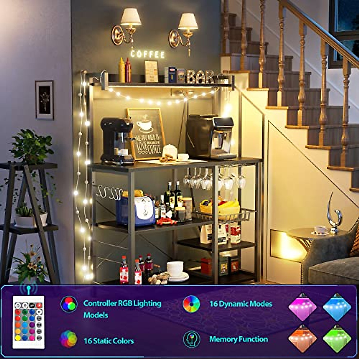 Topfurny Bakers Rack with Power Outlet, Microwave Stand, Kitchen Storage Shelf with Led Lights, Coffee Bar Station with Wine Glass Holder, Kitchen Rack for Spices, Pots, and Pans, Black