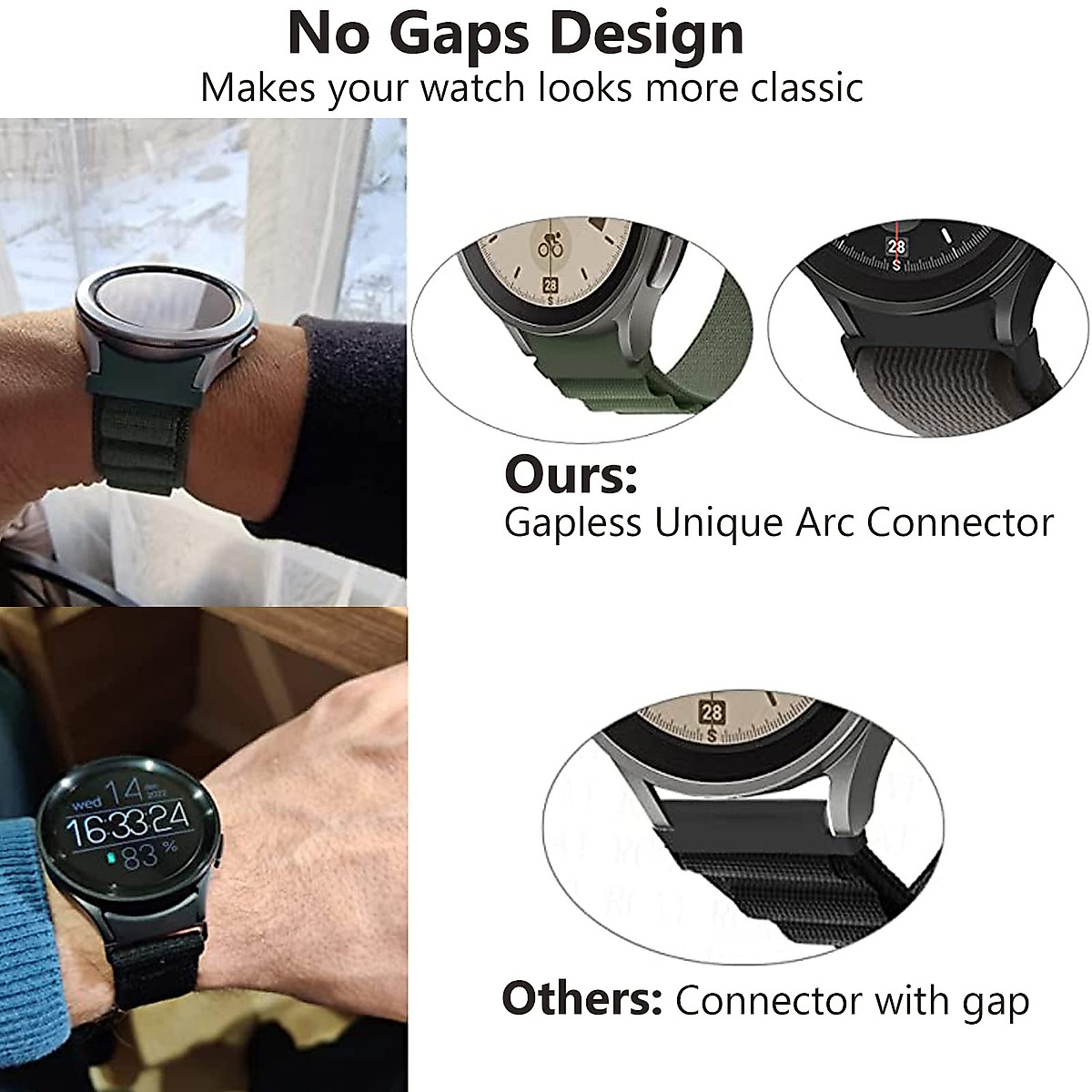 WINGLE 4 Pack Band for Samsung Galaxy Watch 7 6 5 4 FE Band Watch 6 Classic 5 Pro 4 Classic Band 44mm 40mm 47mm 43mm 45mm 46mm 42mm Men Women, No Gap Trail Alpine Loop Woven Nylon Sport Watch Strap