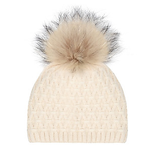 FXBSQF Women Double Cashmere Beanie,Pom Pom Beanie,Real Raccoon Bobble Beanie,Winter Warm Knitted Leisure Ski Cap,Detachable (White)