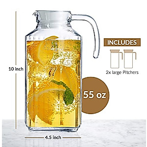 Glass Pitcher with Lid – Set of 2 Glass Water Pitcher 55Oz – Cold Carafe for Ice Tea, Water, Lemonade, Coffee – Elegant and Modern – Practical Spout Pitchers for Drinks