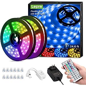 Lepro 50ft LED Strip Lights, Ultra-Long RGB 5050 LED Strips with Remote Controller and Fixing Clips, Color Changing Tape Light with 12V ETL Listed Adapter for Bedroom, Room, Kitchen, Bar(2 X 24.6FT)