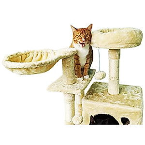 Beige Cat Tree Tower for Indoor Cats & Kittens, 57" Tall Multi-Level with Comfy Perch & Basket, Hideaway Condo, Sisel Scratcher Posts & Ladder, Ball Toys, & Dangling Rope - by SciencePurchase