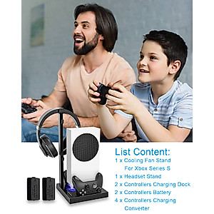 Cooling Fan Stand for Xbox Series S Console with Dual Cooler System, Vertical Charging Station Dual Controller Charger Dock with 2x1400mAh Rechargeable Battery Pack,1 Headset Hanger &4 Type C Adapter