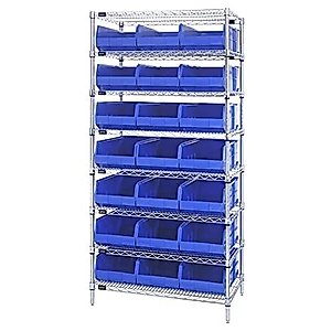 Quantum WR8-425BL Bin Wire Shelving System, 36'W x 12'D x 74'H, Carbon Steel, Chrome with Blue Bins