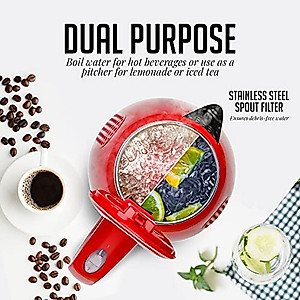 OVENTE Portable Electric Kettle Stainless Steel Instant Hot Water Boiler Heater 1.7 Liter 1100W Double Wall Insulated Fast Boiling with Automatic Shut Off for Coffee Tea & Cold Drinks, Red KD64R