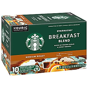 Starbucks Coffee K-Cup Pods, Breakfast Blend Medium Roast, Ground Coffee K-Cup Pods for Keurig Brewing System, 10 CT K-Cup Pods Per Box (Pack of 2 Boxes)