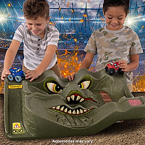 Simplay3 Monster City Extreme Wheels Monster Truck and Car Race Track Table - Red or Green Portable 2 Sided Kids Play Table with 2 Monster Race Trucks - Made in USA