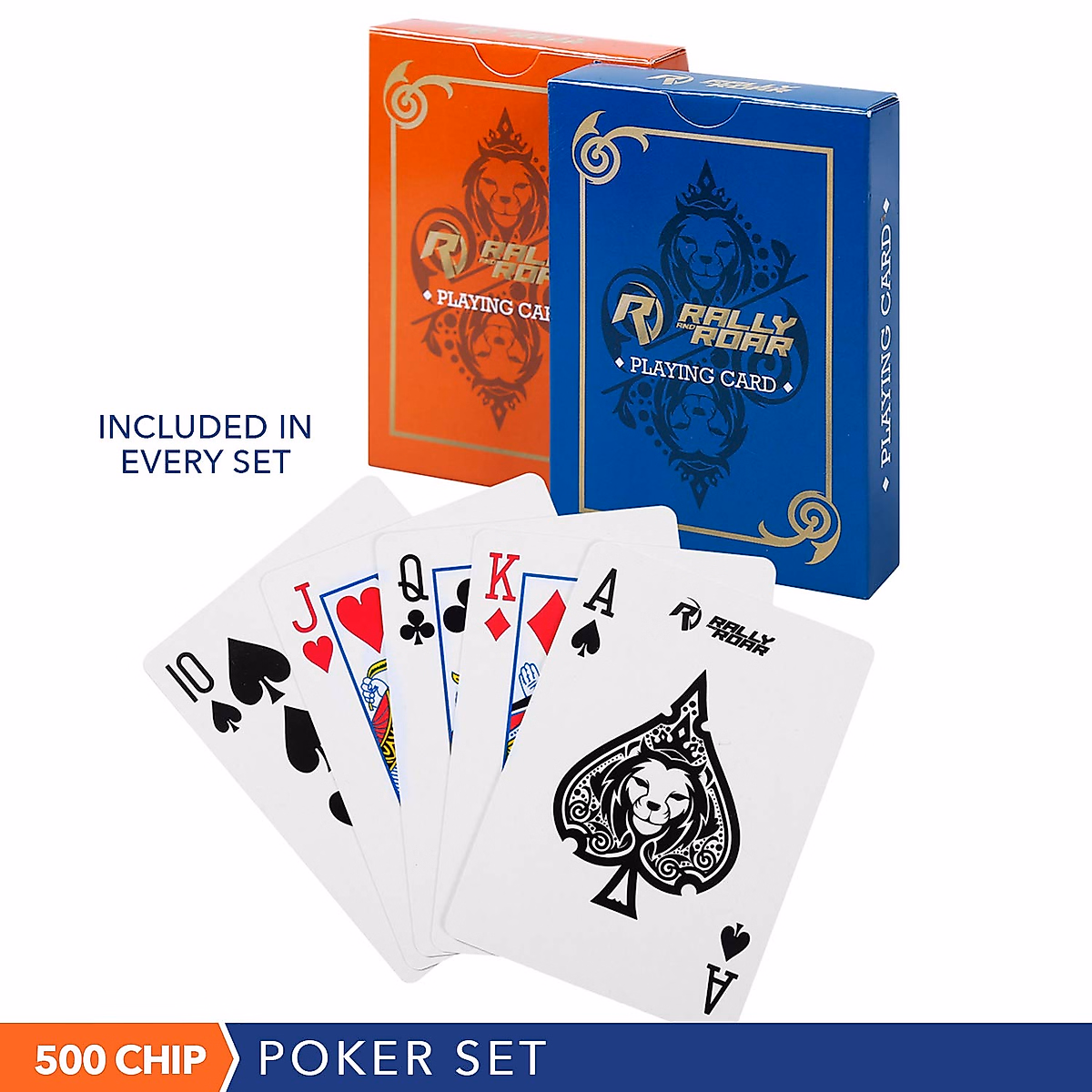 Rally and Roar Professional Poker Set w/ Hard Case, 2 Card Decks, 5 Dice, 3 Buttons - 500 Chips