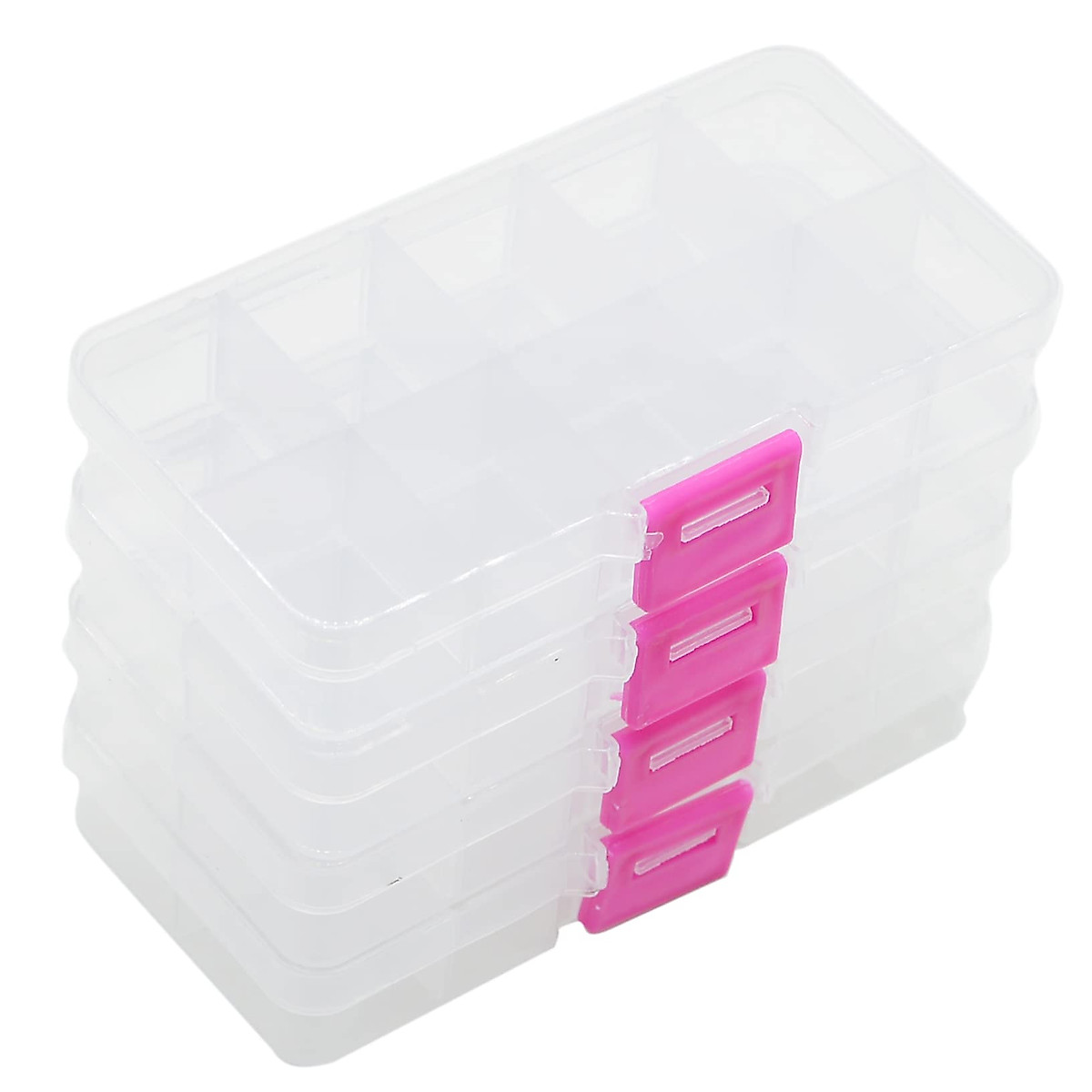 Yansanido 4 Pcs 10 Grids 5 Inch x 2.5 Inch Adjustable Small Removable Plastic Jewelry Organizer Divider Storage Box Jewelry Earring Tool Containers (Clear Pink)
