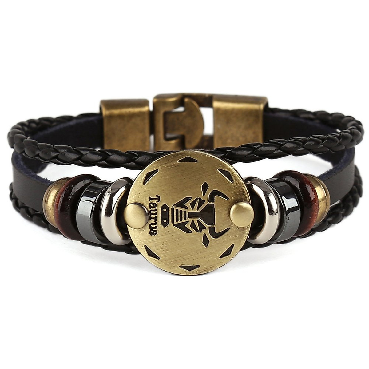 Hamoery Punk Alloy Leather Bracelet Constellation Braided Rope Bracelet Bangle Wristband(Taurus)