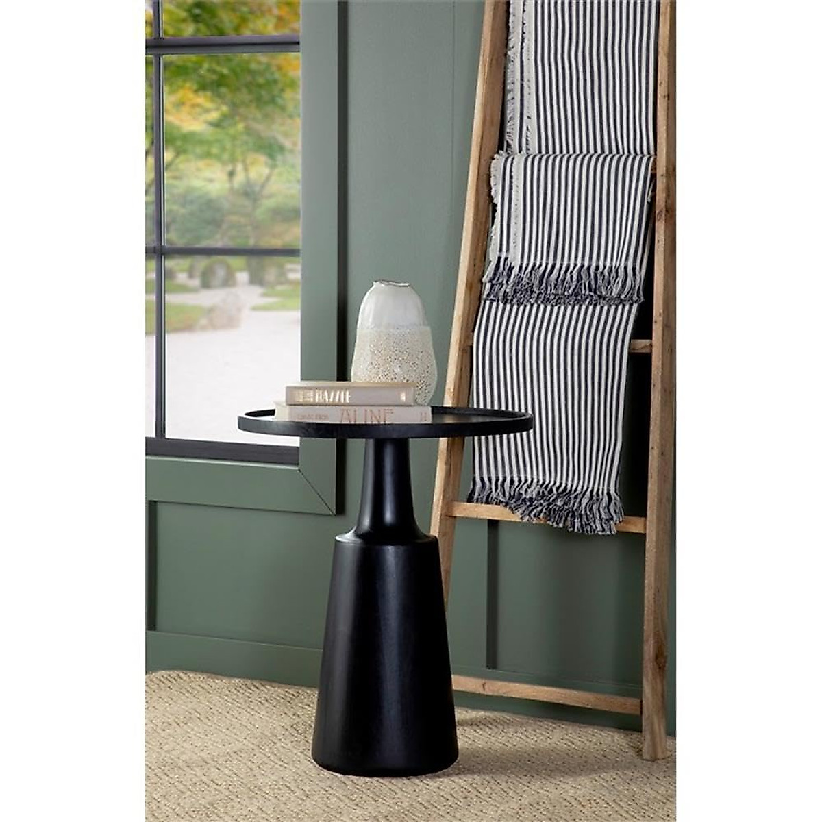 MAKLAINE 20" Round Pedestal Wood Accent Table in Black Stain