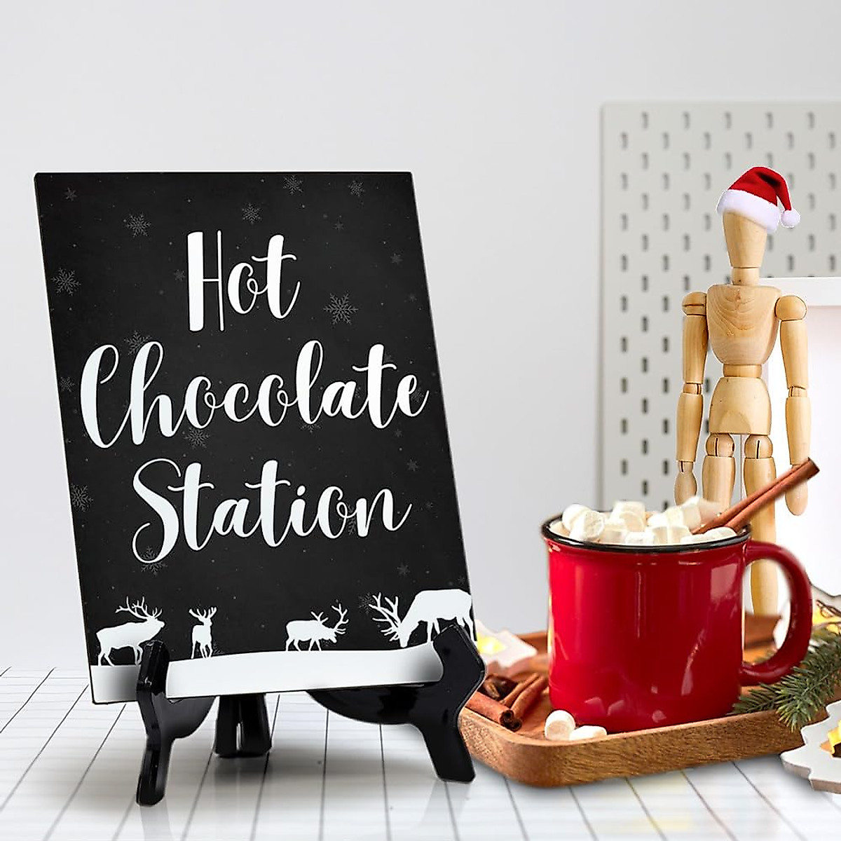 Hot Chocolate Station Table Sign with Easel, Reindeer Design 6 x 8" (Black)